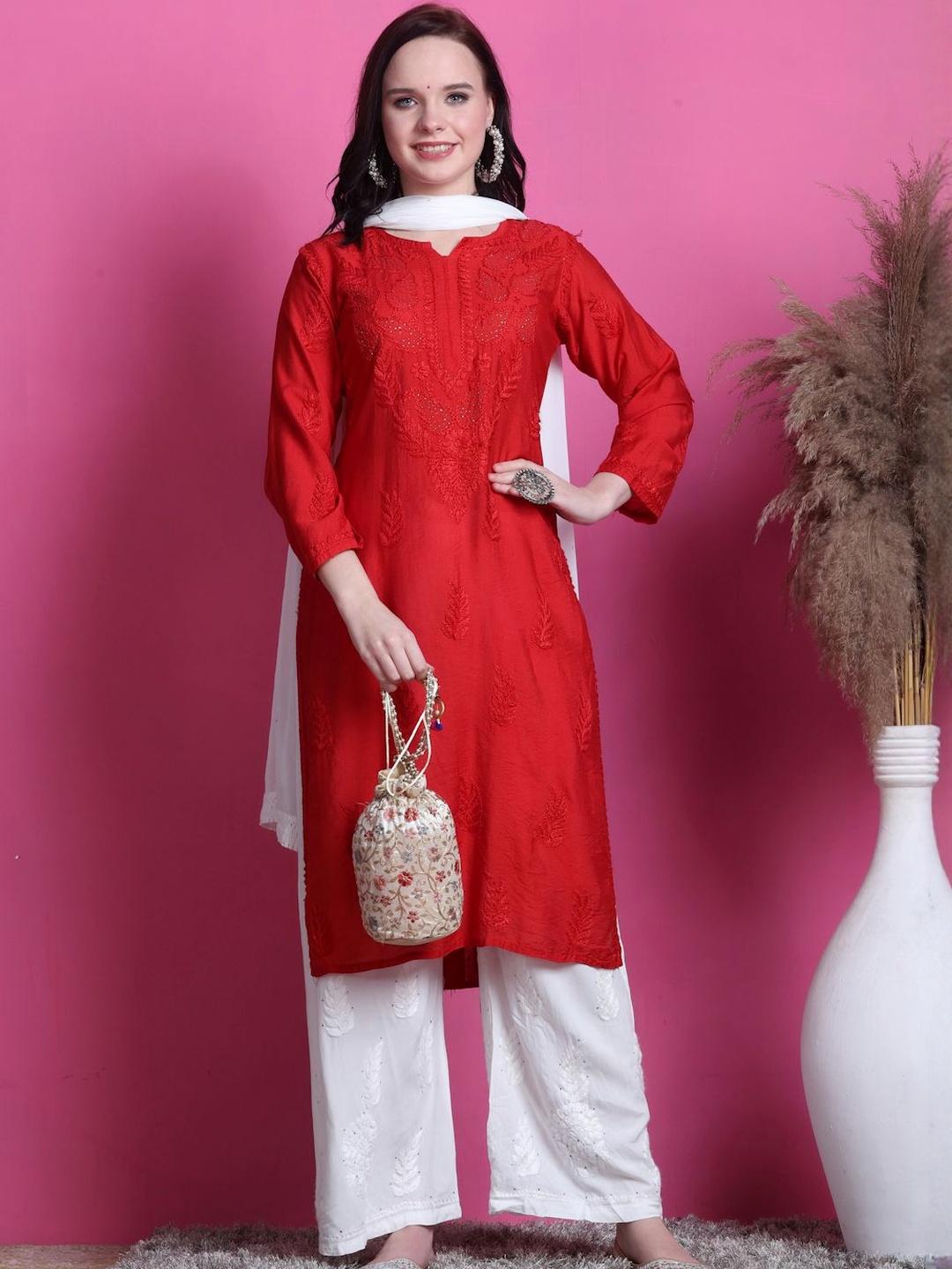 Buy KHAKA Ethnic Motifs Embroidered Regular Chikankari Kurta With ...