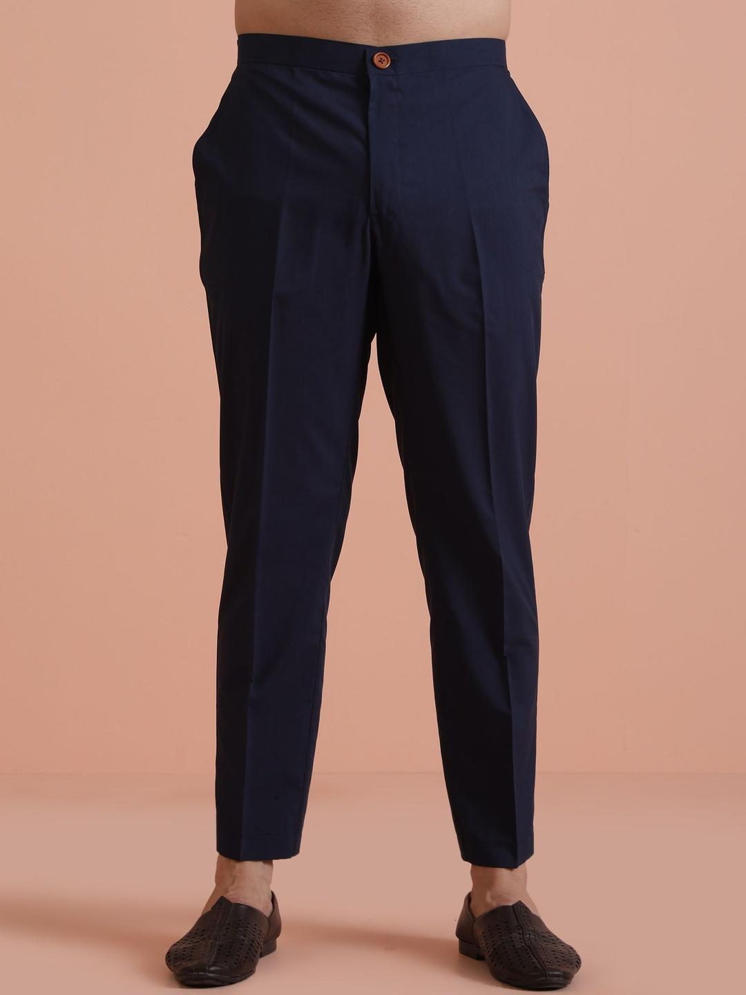 Buy KISAH Men Navy Blue Solid Trouser Festive & Casual Ethnic Wear ...
