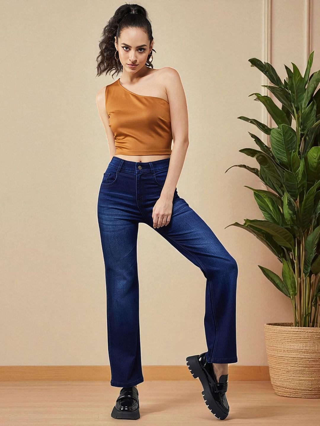 Buy Mast & Harbour Women Wide Leg Mid Rise Clean Look Stretchable Denim ...