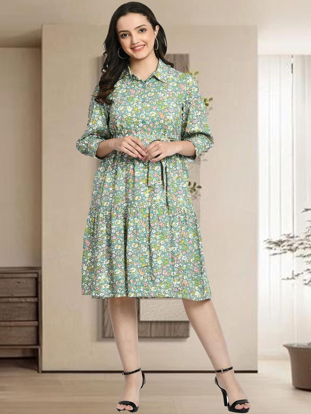 Buy Neel & Ned Floral Printed Tiered Pure Cotton Flared Knee Length ...