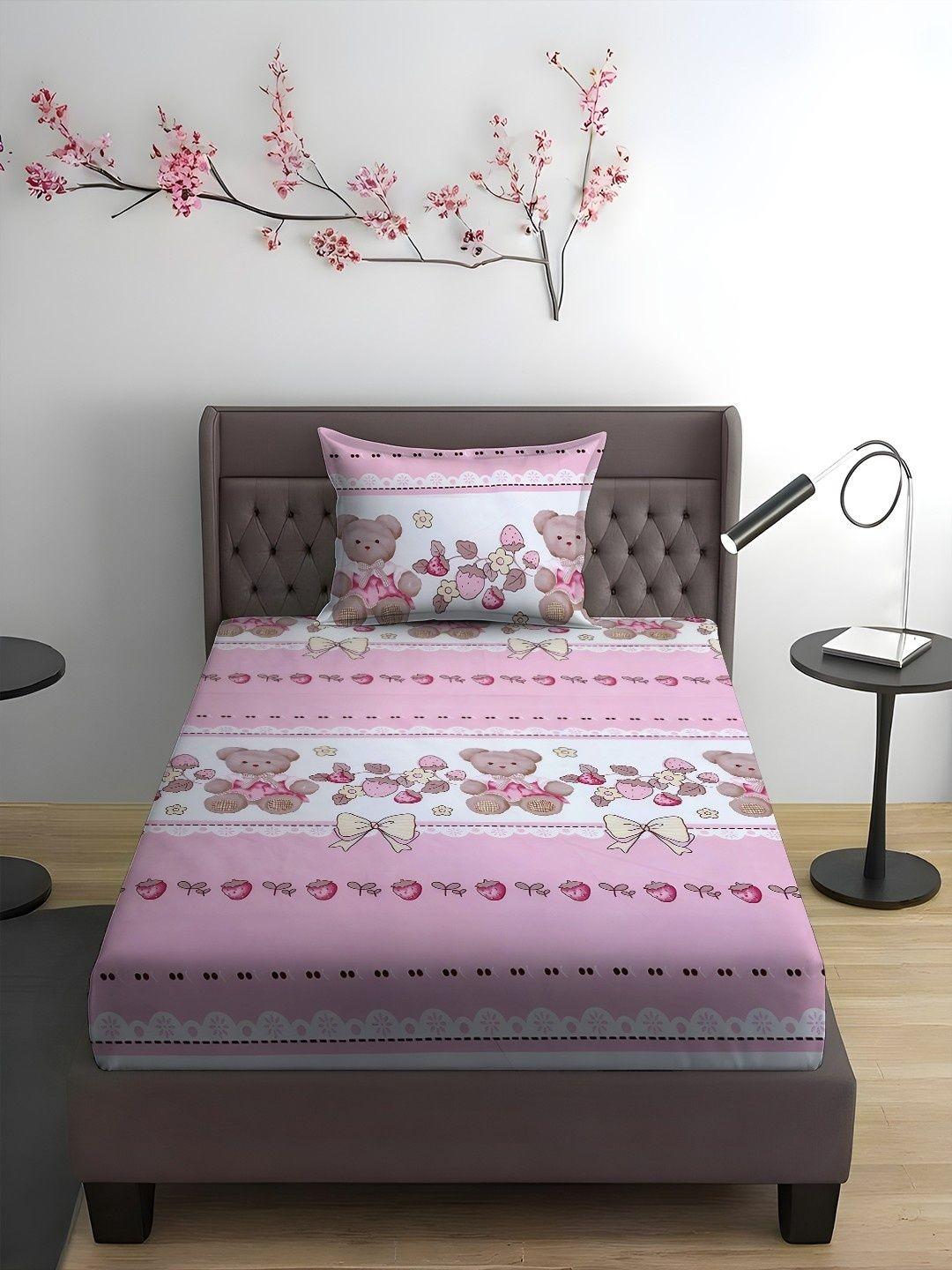 Buy WEAVE AND DECOR Pink Cartoon Characters 300 TC Single Bedsheet With ...