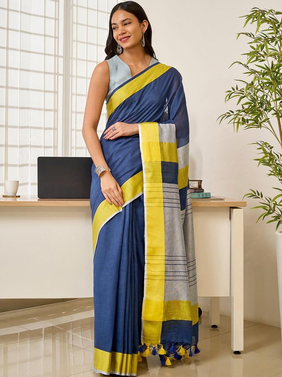 Buy TEEJH Eleganza Navy Blue And Lime Color Block Saree - Sarees for ...