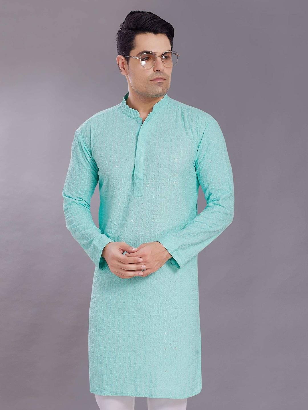 Buy PulseIQ Floral Embroidered Sequinned Mandarin Collar Straight Kurta ...