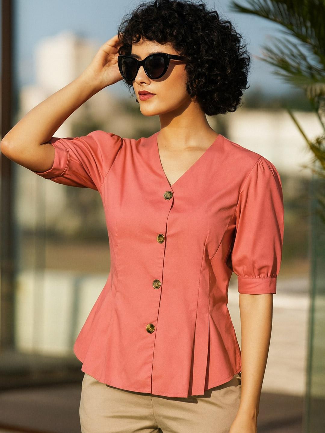 Buy Hancock Women Solid Collarless Pure Cotton Pleated Formal Shirt ...