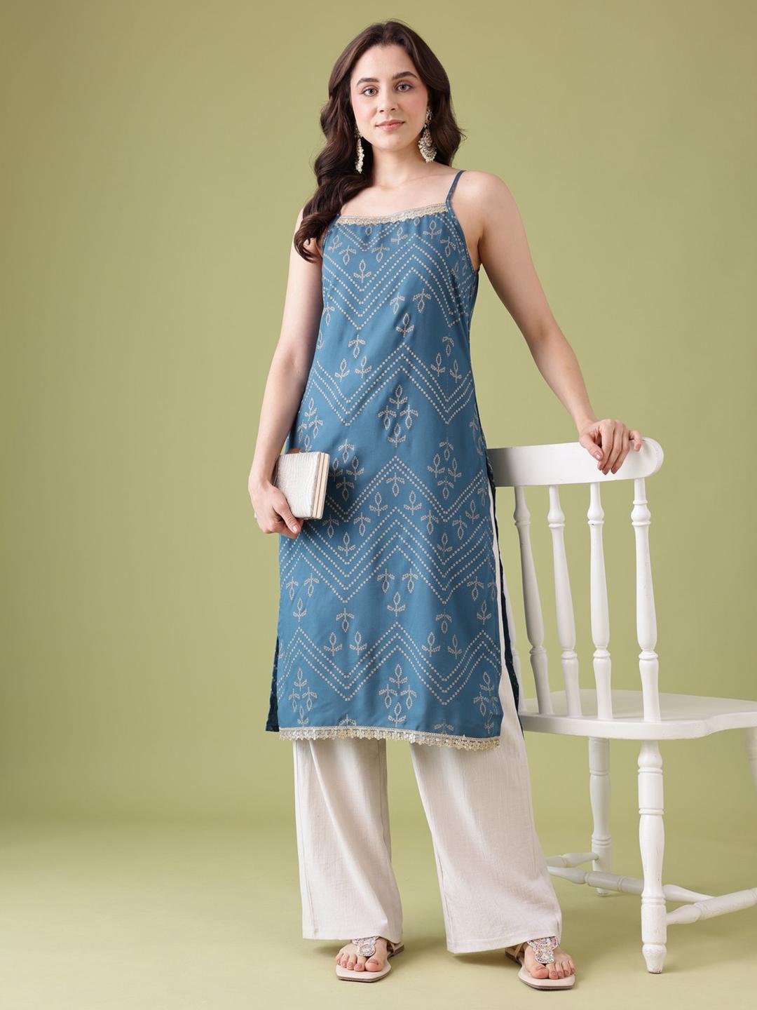 Buy Anouk Floral Printed Sequin Detailed Shoulder Straps Straight Kurta ...