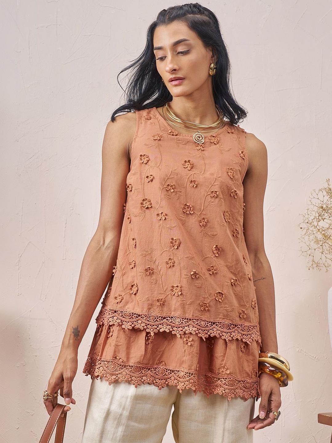 Buy Vara By Vishudh Floral Embroidered Cotton Top - Tops for Women ...