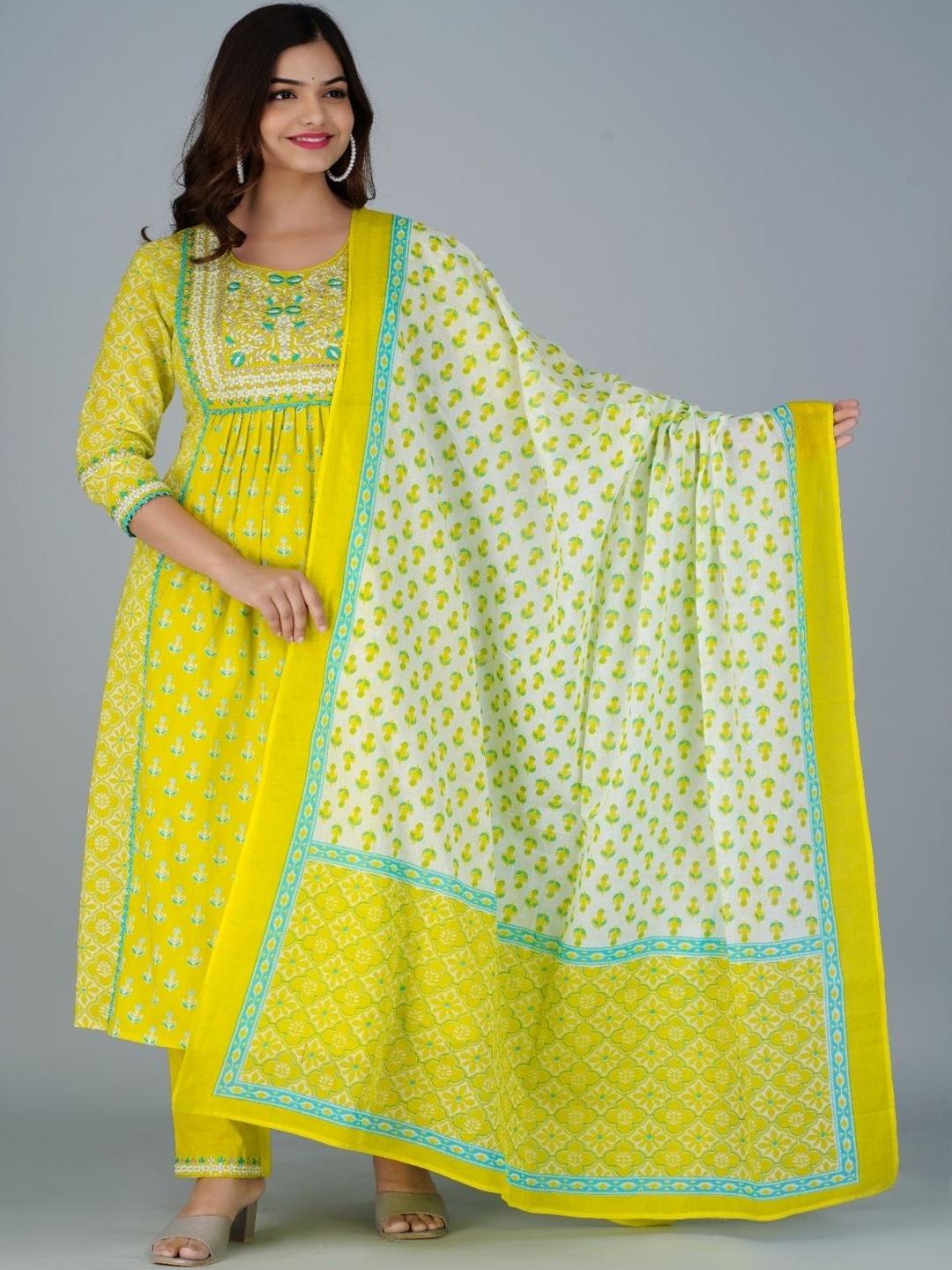 Buy Orna Design Women Floral Embroidered Mirror Work Cotton Kurta With ...