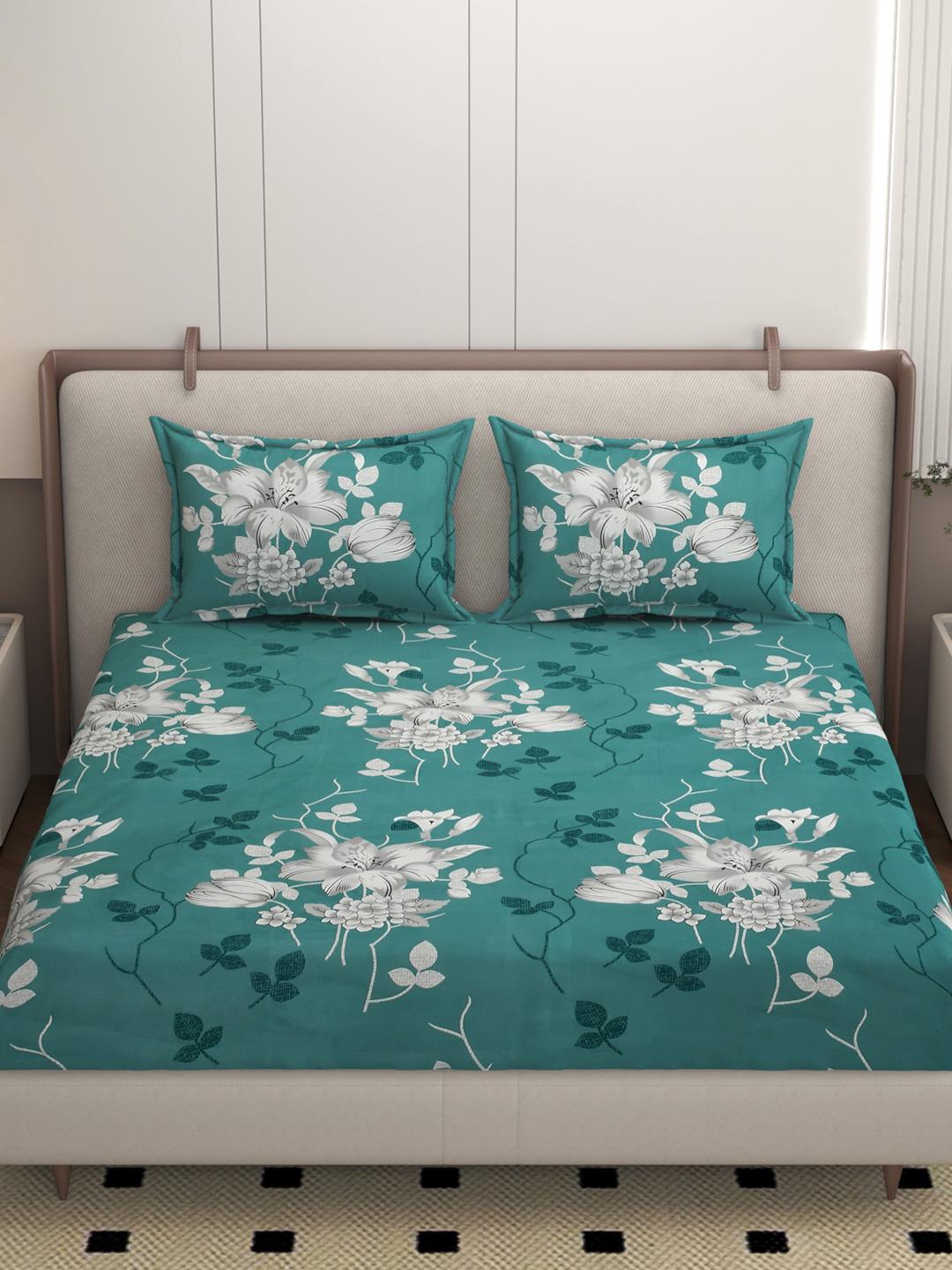 Buy Homio Teal & White Floral 250 TC King Bedsheet Set 1.98m X 1.82m ...
