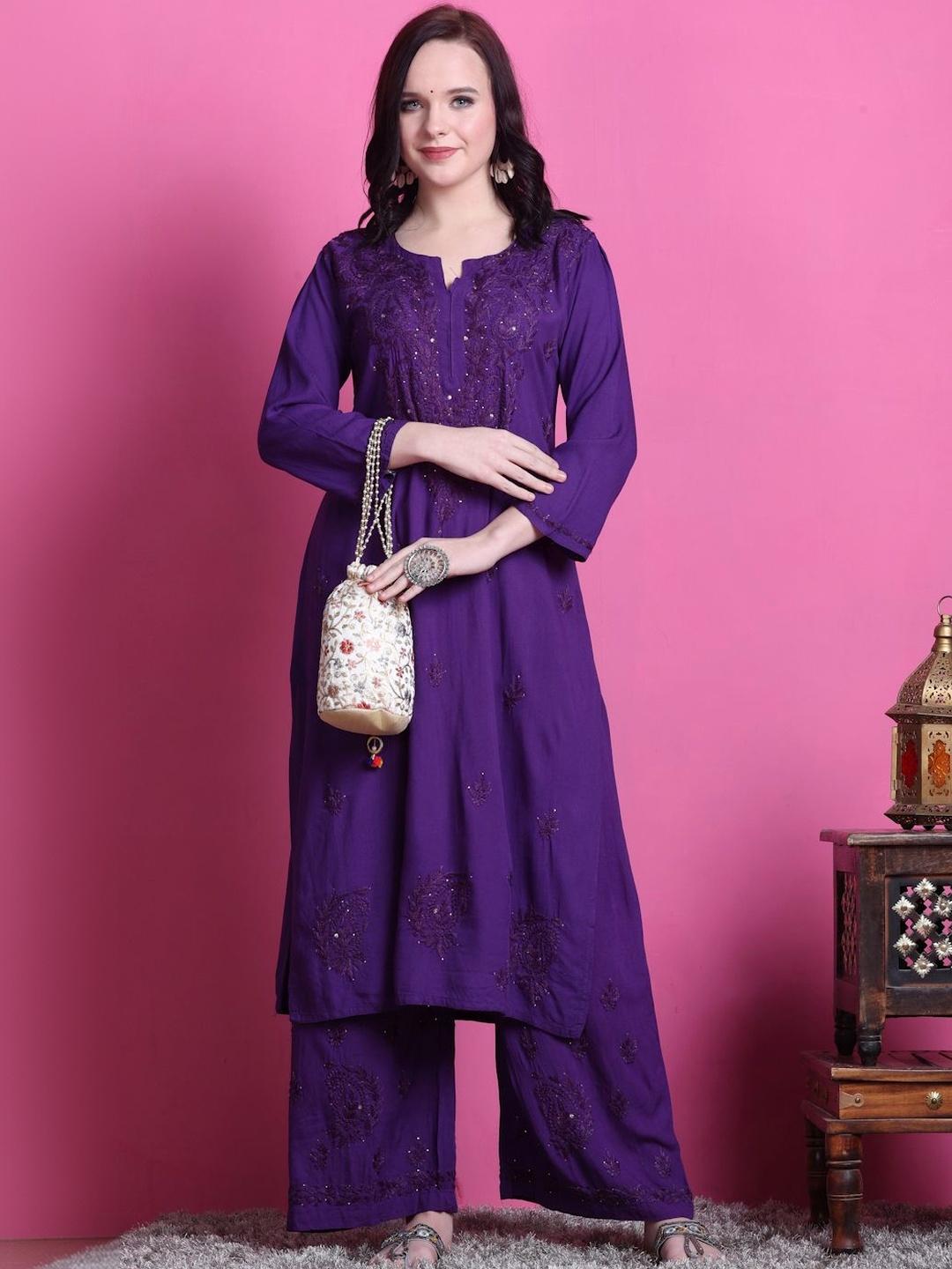Buy KHAKA Ethnic Motifs Embroidered Notch Neck Thread Work Straight ...