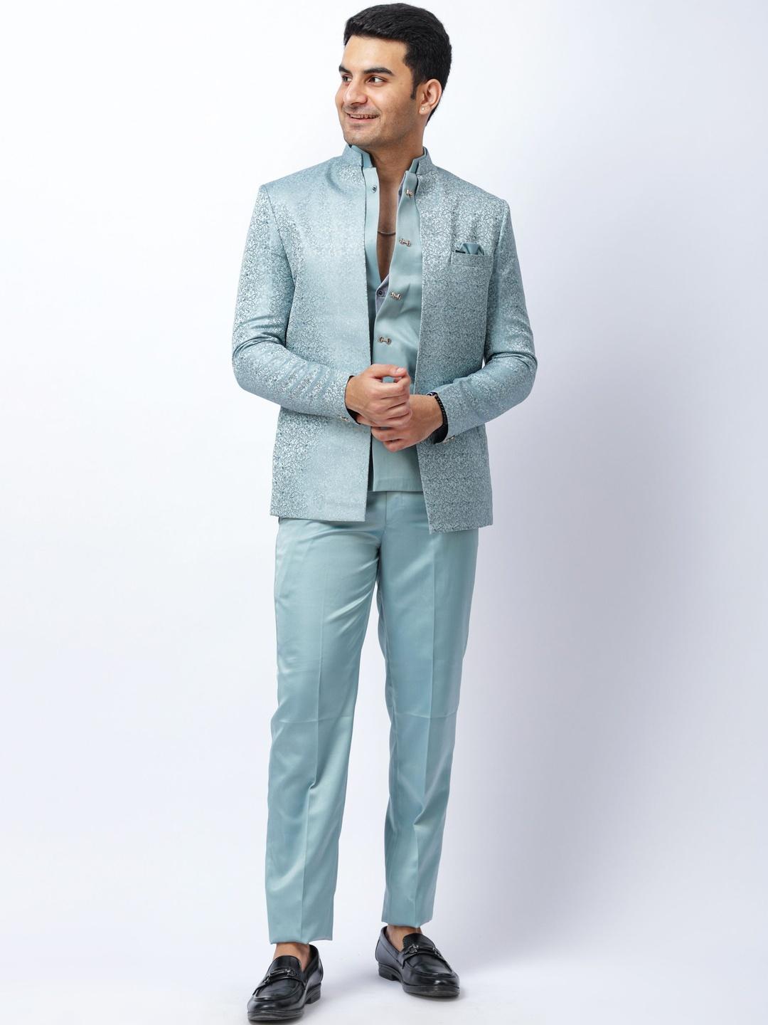 Buy Aesthelia Men Self Design 3 Piece Indo Western Blazer With Matching ...