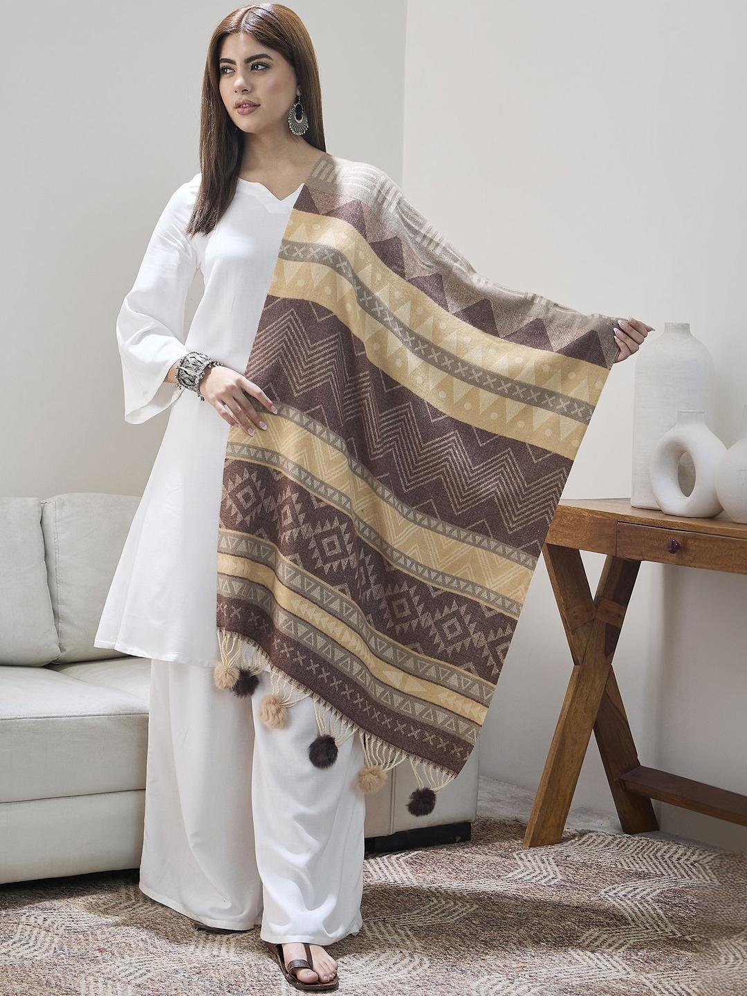 Buy InWeave Geometric Printed Printed Tassel Details Acrylic Shawl ...
