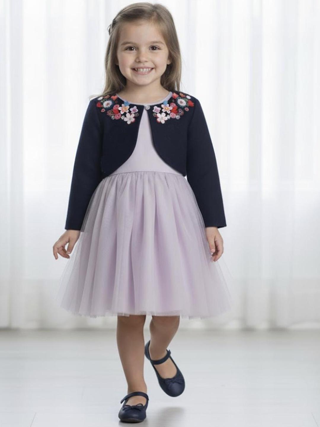 Buy A Little Fable Girls Navy Blue & Pink Self Design Wool Crop Shrug ...