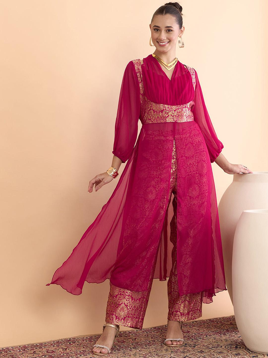 Buy Antheaa Brocade Halter Neck Tunic With Trousers - Co Ords for Women ...