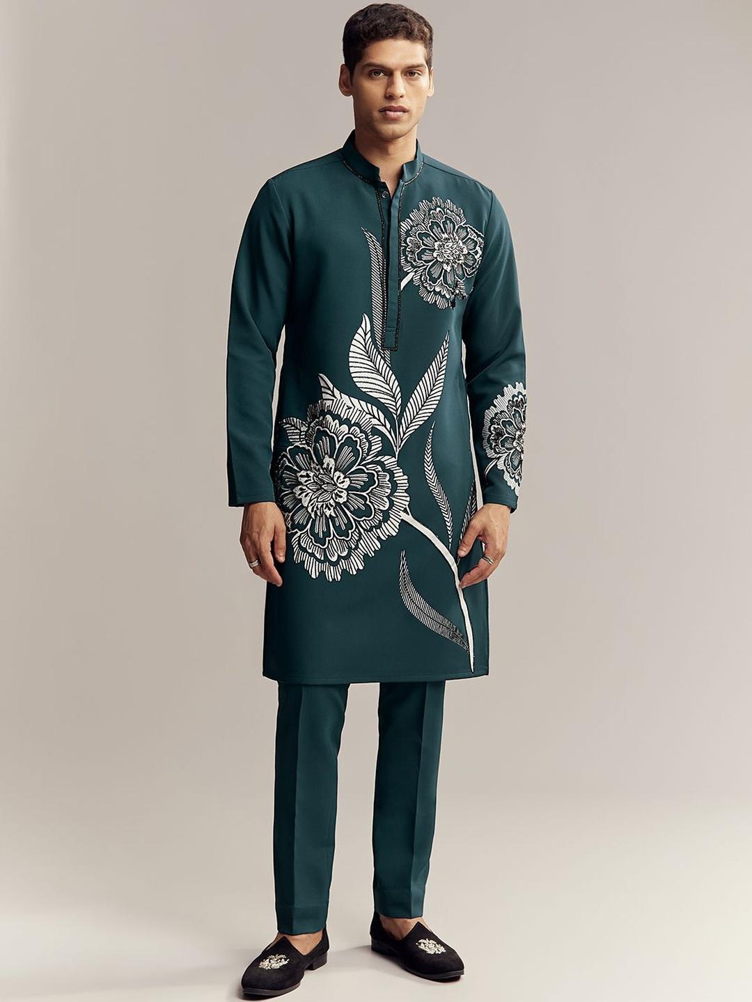 Buy KALKI Fashion Men Floral Printed Beads And Stones Work Regular ...
