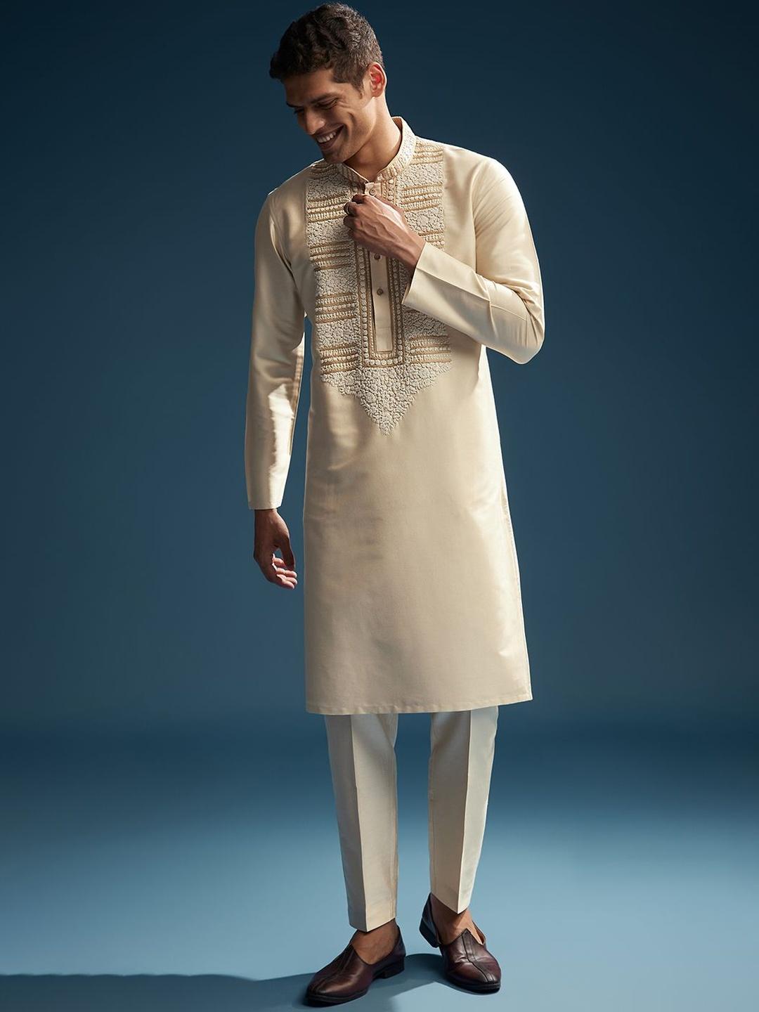 Buy KALKI Fashion Men Ethnic Motifs Embroidered Kurta With Trousers ...
