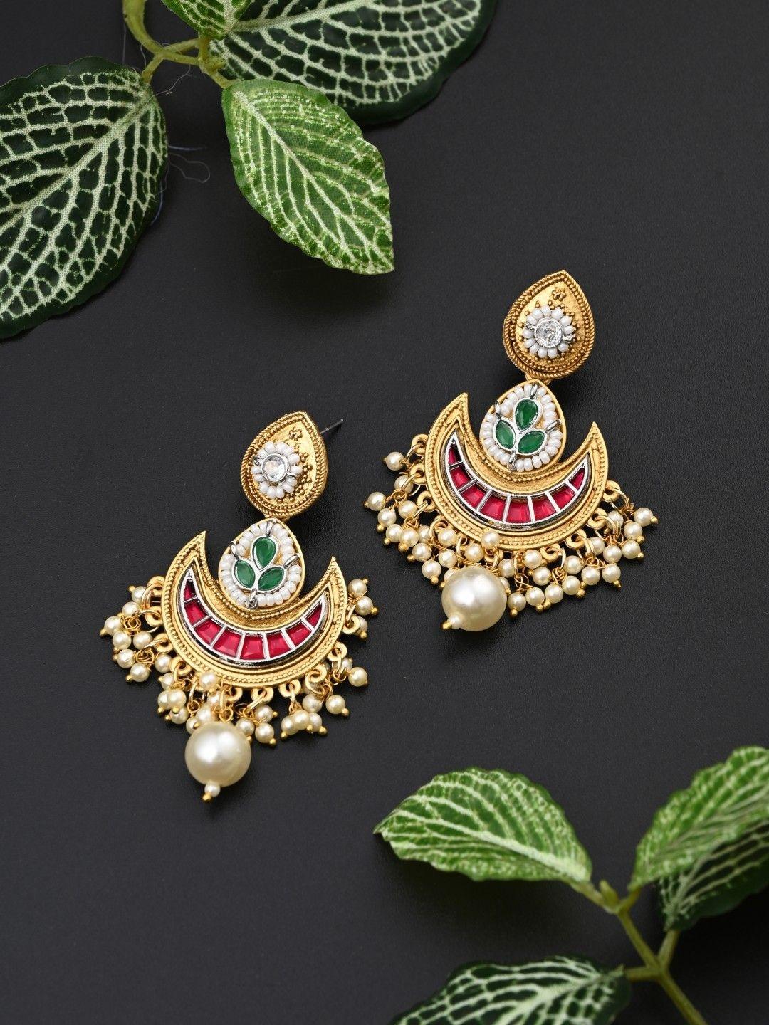Buy Anvik Gold Plated Stones Studded And Pearls Beaded Crescent Shaped ...