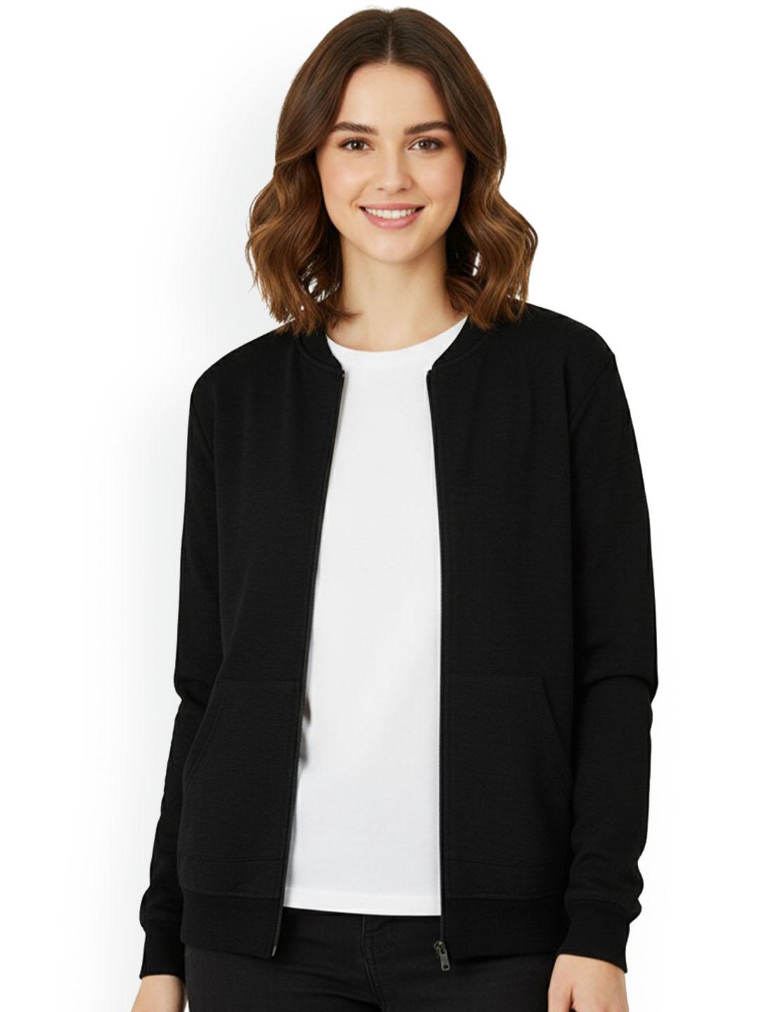 Buy Leotude Women Collarless Solid Bomber Jacket With Zipper Closure ...