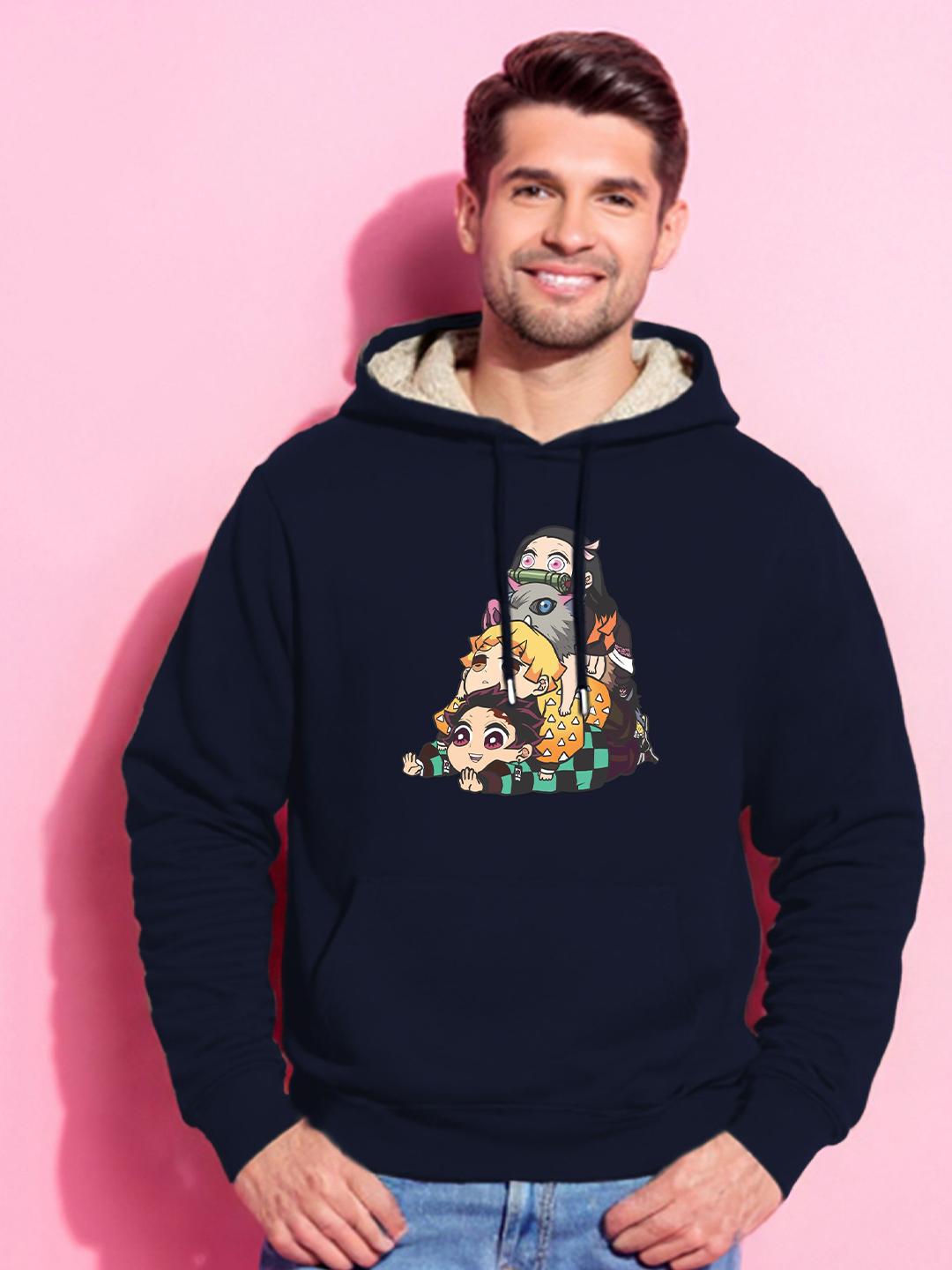 Buy TOGS & TERRE Men Demon Slayer Anime Printed Fur Hooded Sweatshirt ...