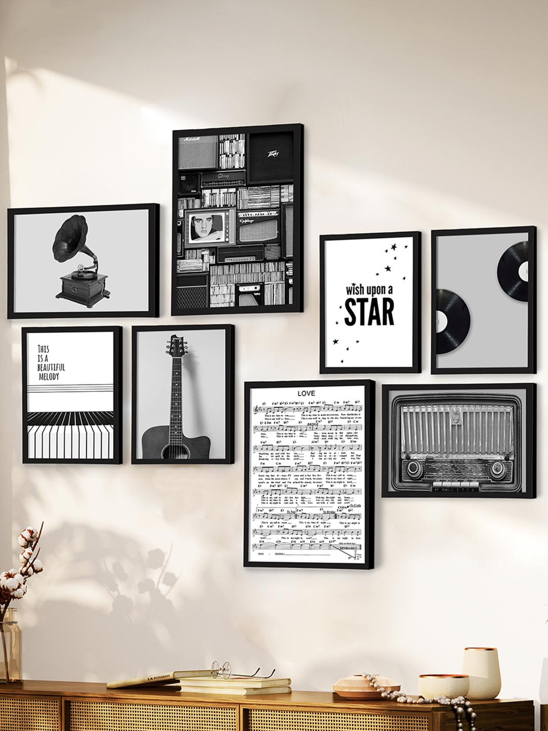 Buy Art Street Set Of 8 Black & Grey Music Inspired Framed Wall Art ...