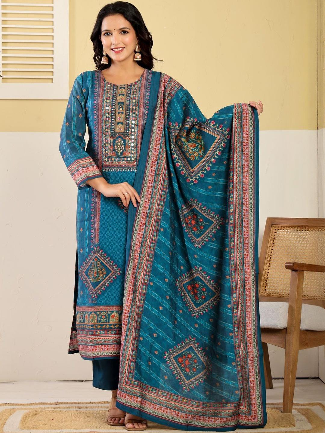 Buy Kiaasa Women Ethnic Motifs Printed Regular Mirror Work Kurta With ...