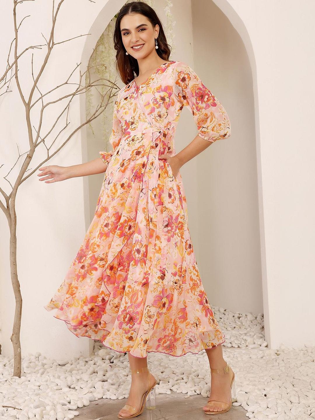Buy Women's V Neck Bishop Floral Layered Chiffon Maxi Dress - Dresses ...