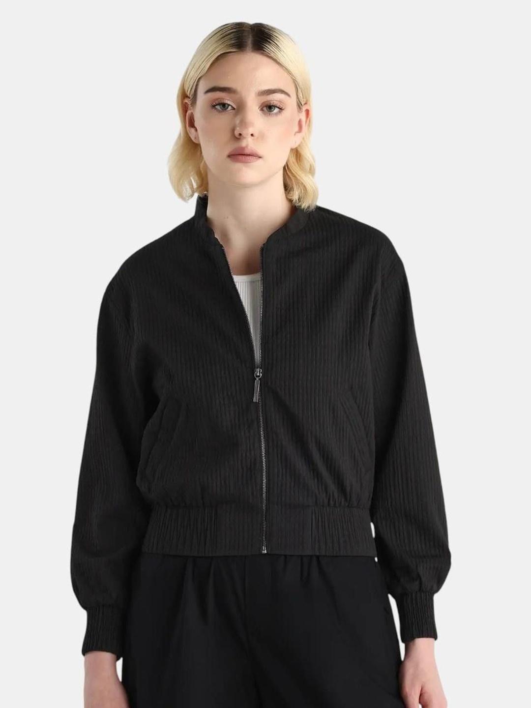 Buy RAREISM Women Omri Black Polyester Regular Fit Plain Jacket ...