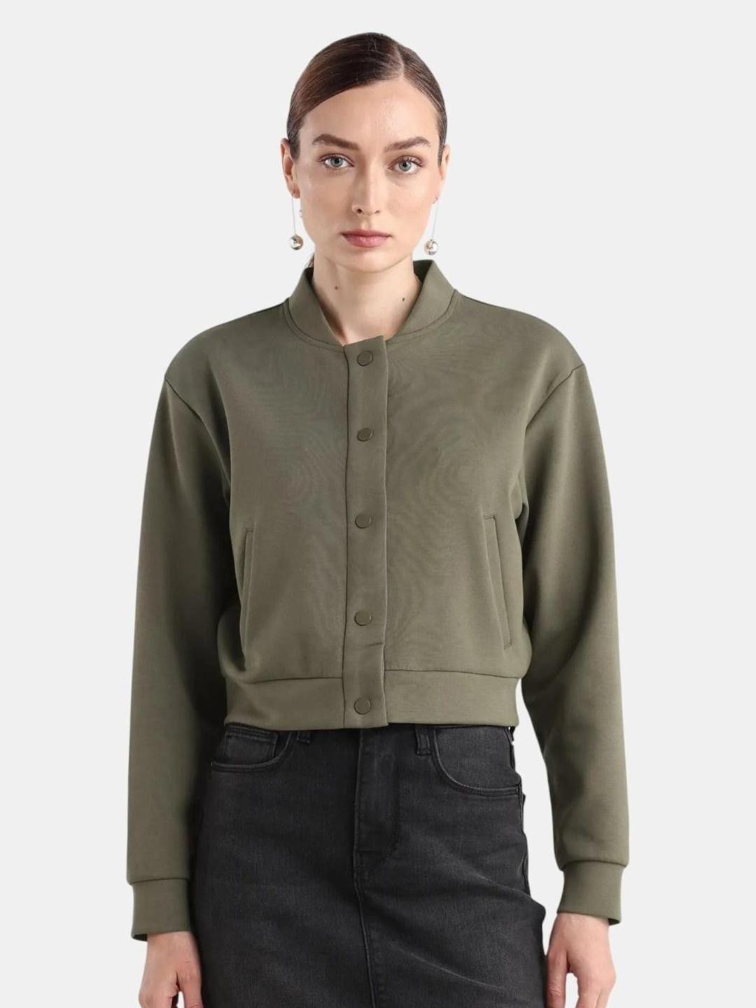 Buy Rareism Women Olive Cotton Blend Stand Collar Regular Fit Jacket ...