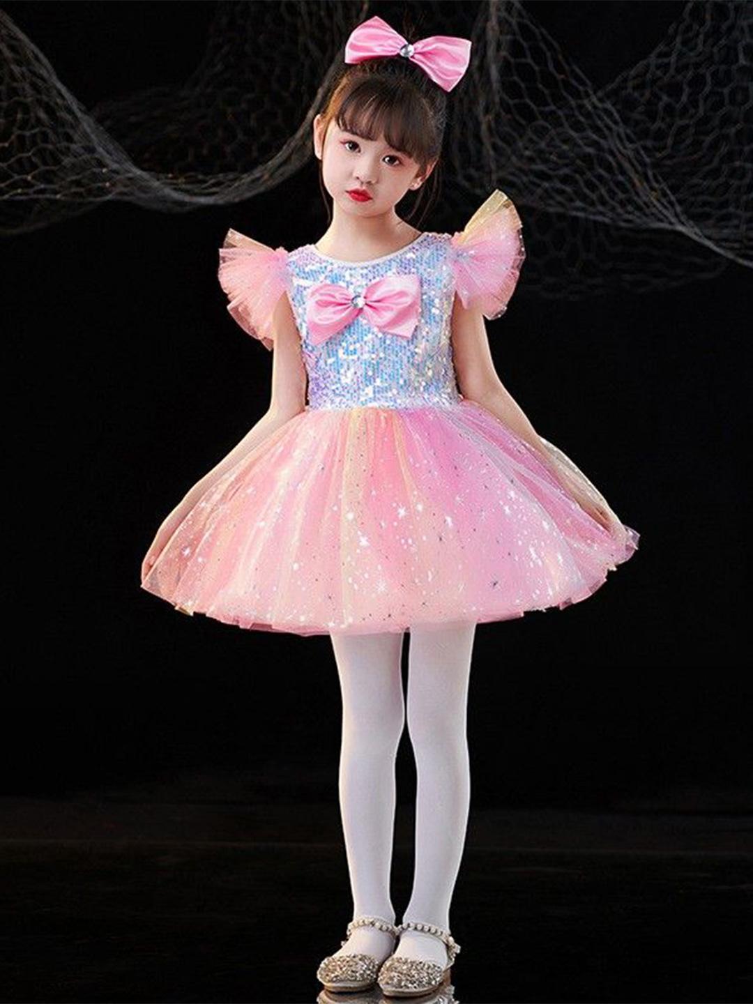 Buy YK Girls Pink Embellished Fit & Flare Synthetic Mini Dress ...