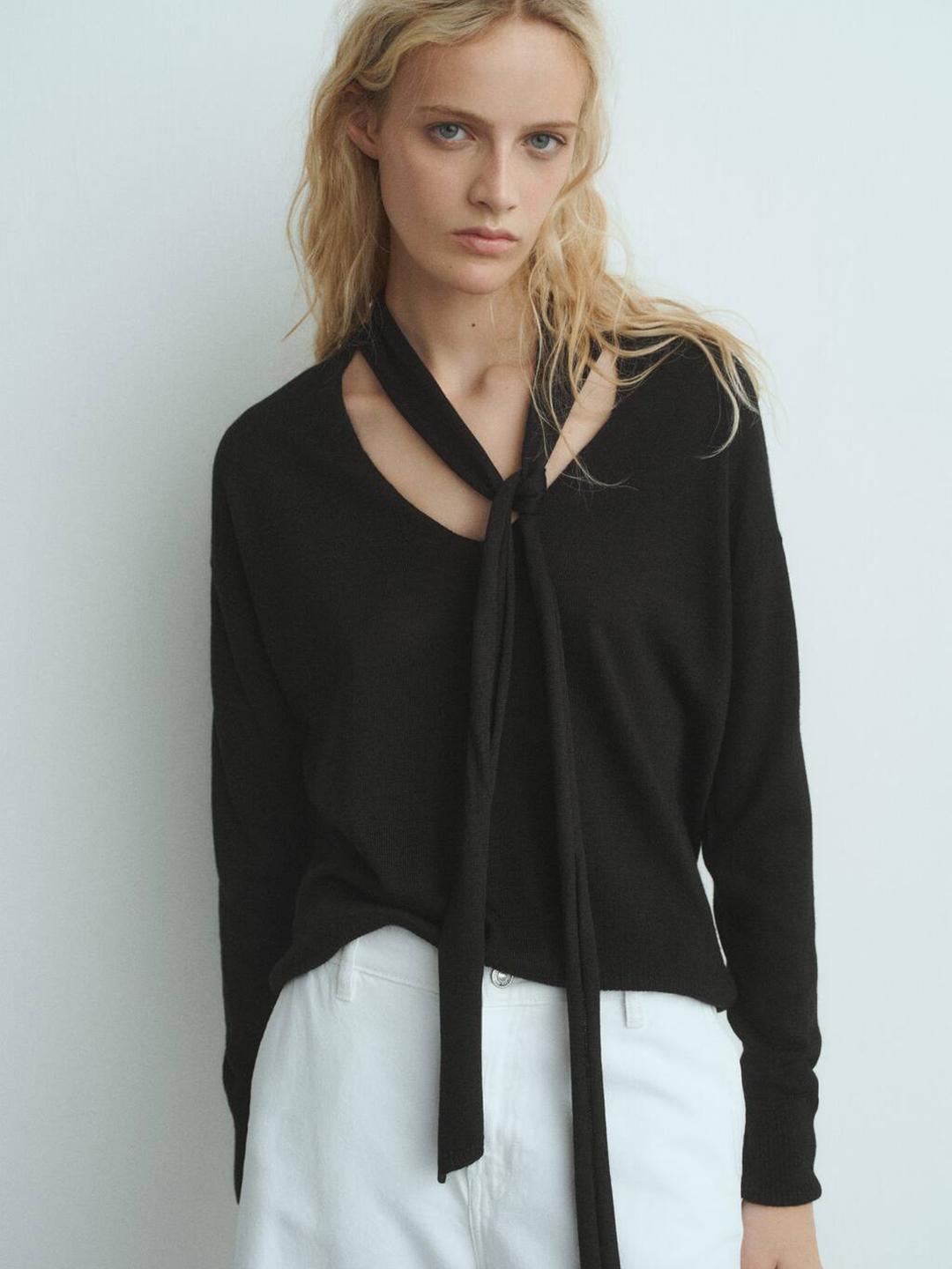 Buy MANGO Solid V Neck Pullover With Scarf - Sweaters for Women ...