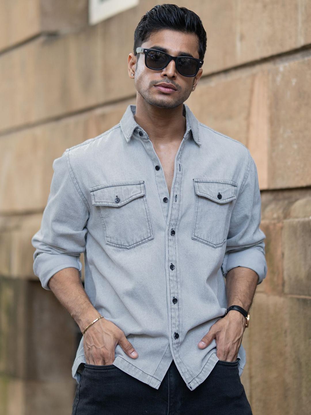 Buy Powerlook Spread Collar Long Sleeves Pure Cotton Denim Shacket ...
