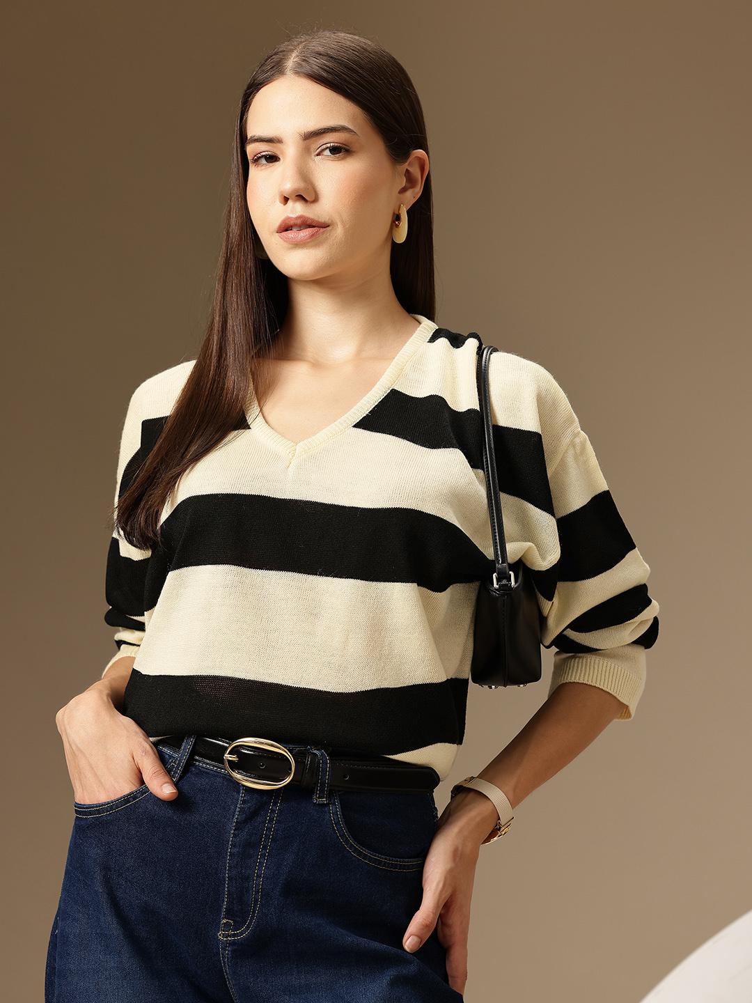 Buy Chemistry Self Striped Drop Shoulder V Neck Sweater - Sweaters for ...