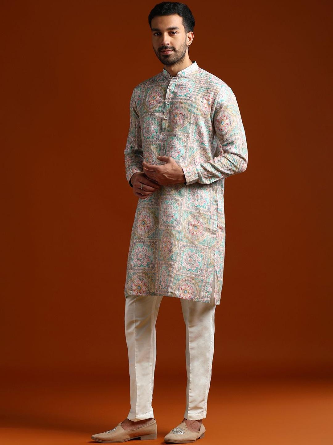 Buy KALKI Fashion Men Ethnic Motifs Printed Cotton Kurta With Trousers ...