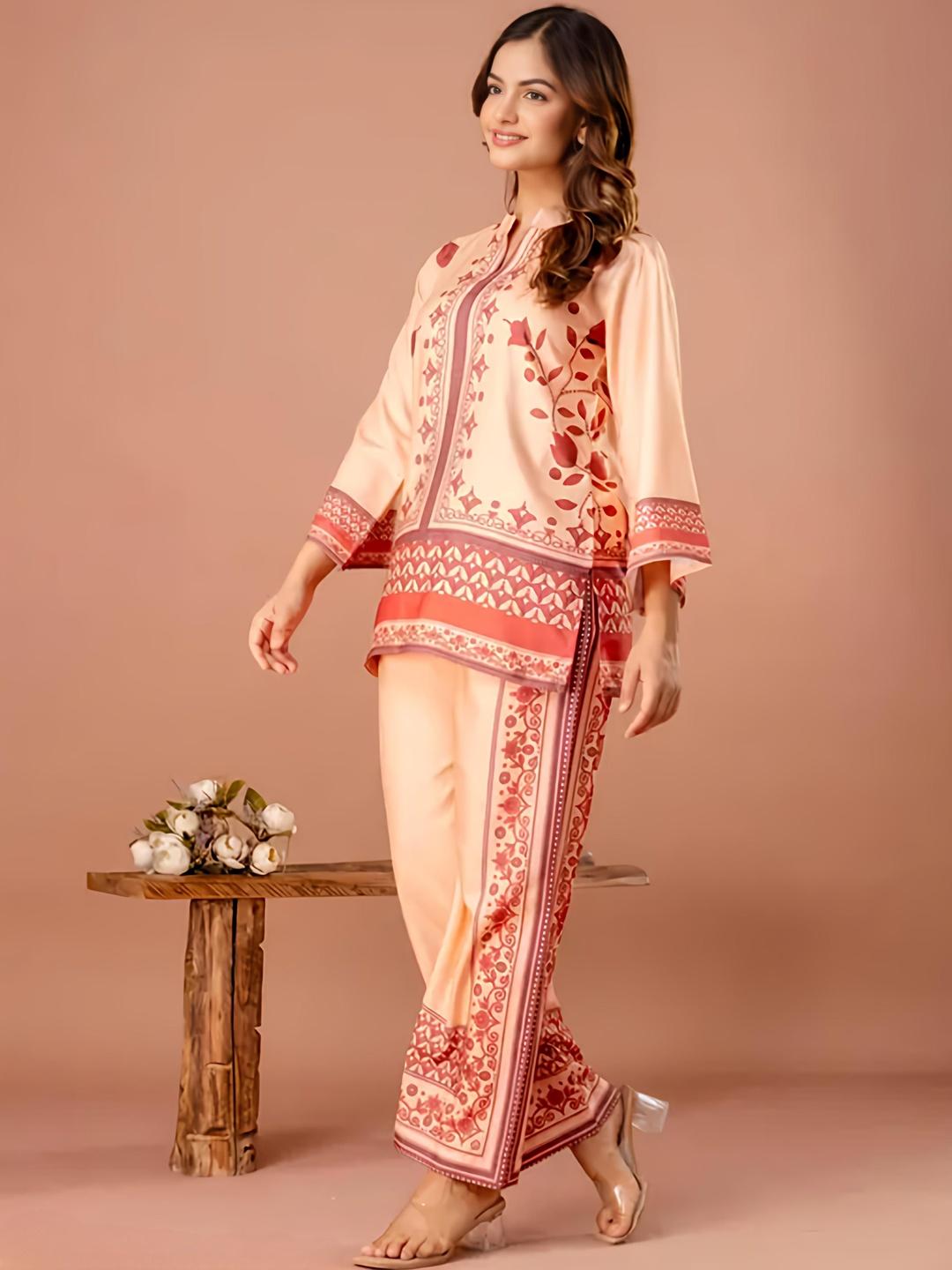 Buy ARV TRENDS Women White & Coral Floral Printed Straight Kurta Set ...