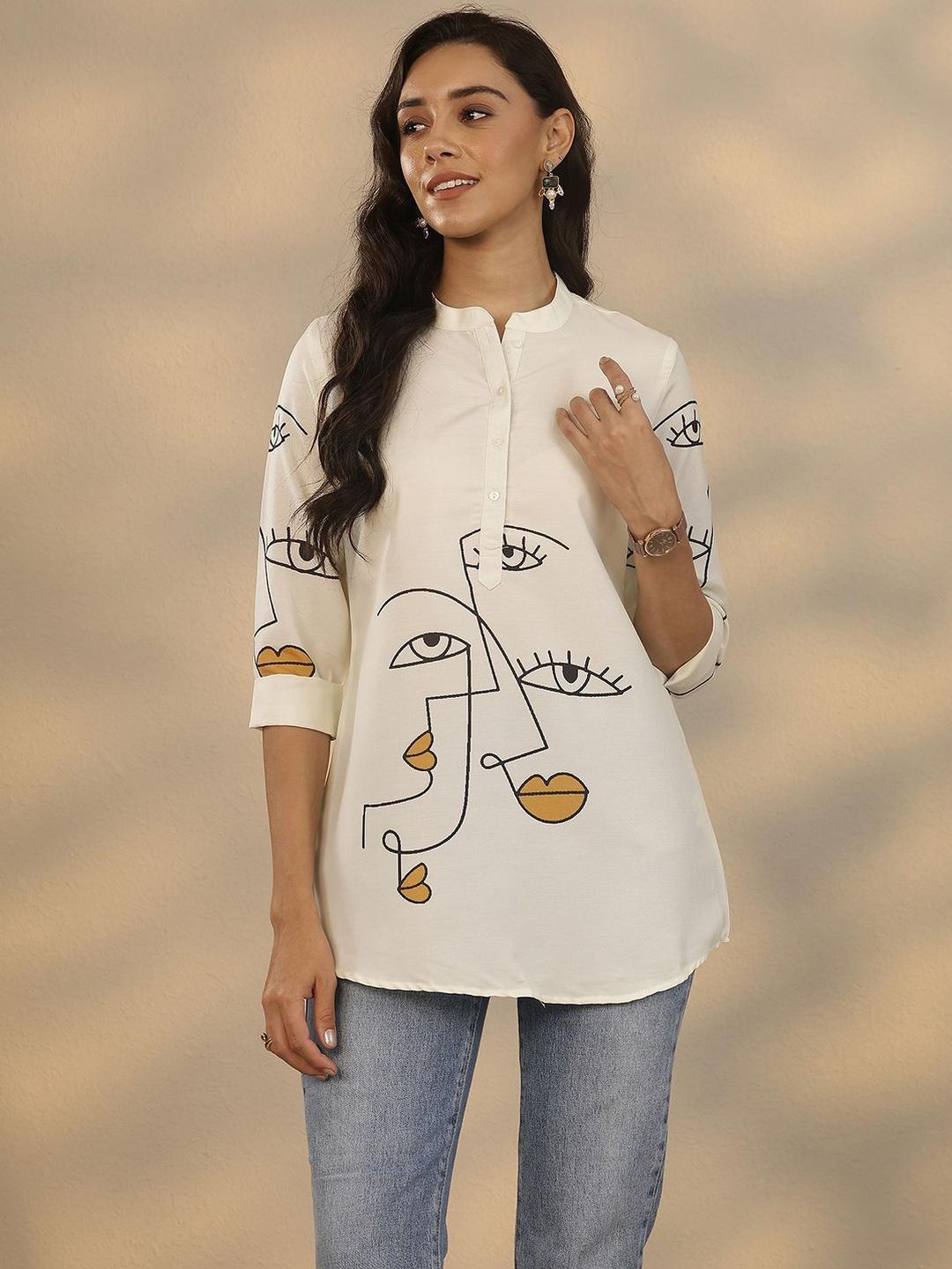 Buy Libas Women Humanoid Printed Mandarin Collar Button Straight Tunic ...