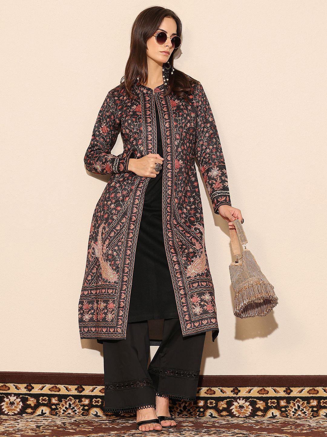Buy Libas Floral Embroidered Thread Work Front Open Woollen Straight ...