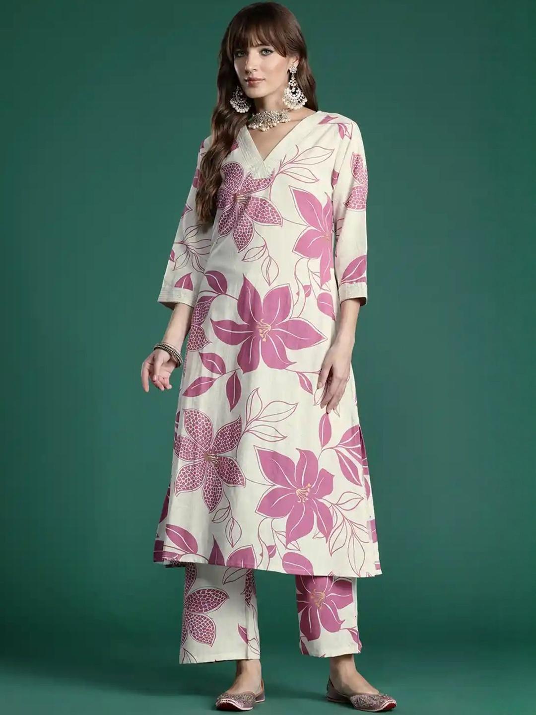 Buy PARTHVI Floral Printed V Neck Pure Cotton A Line Kurta With ...
