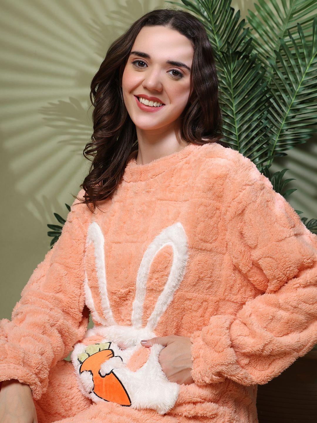 Buy TAG 7 Women Self Design Bunny Pattern Fur Winter Night Suit - Night ...