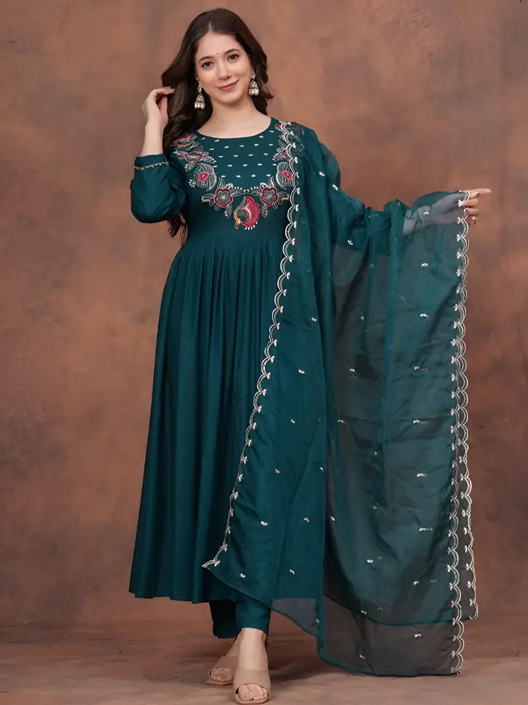 Buy Divyadham Textiles Floral Embroidered Empire Anarkali Kurta With ...