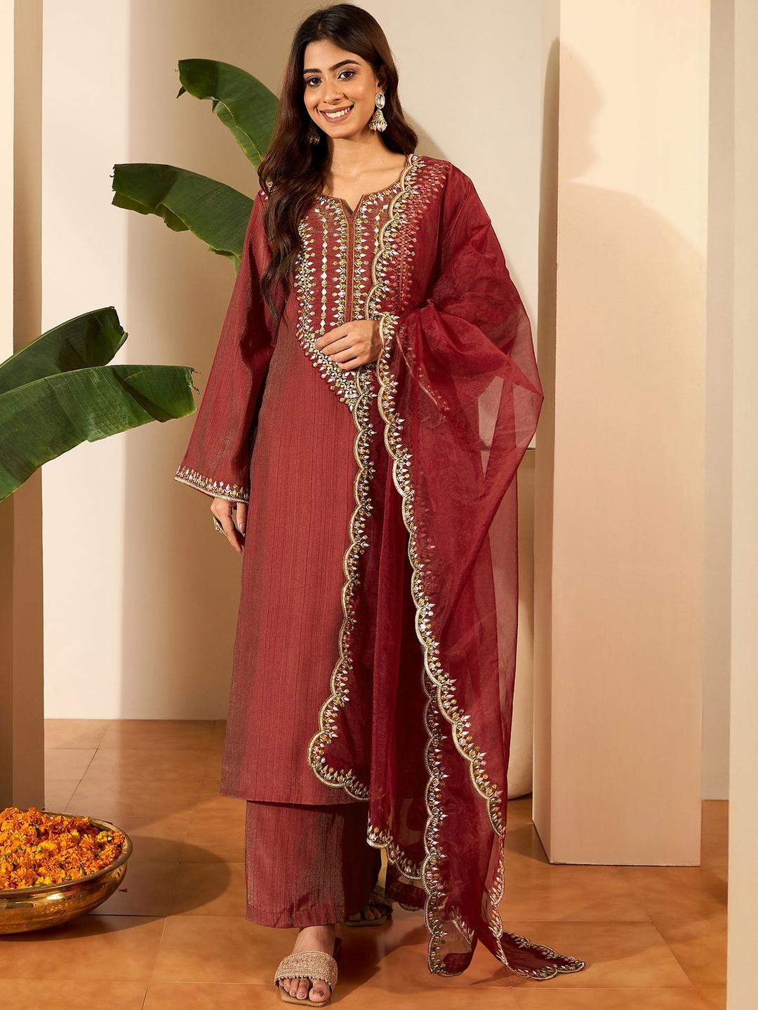 Buy Inddus Ethnic Motifs Embroidered Thread Work Kurta With Trousers ...