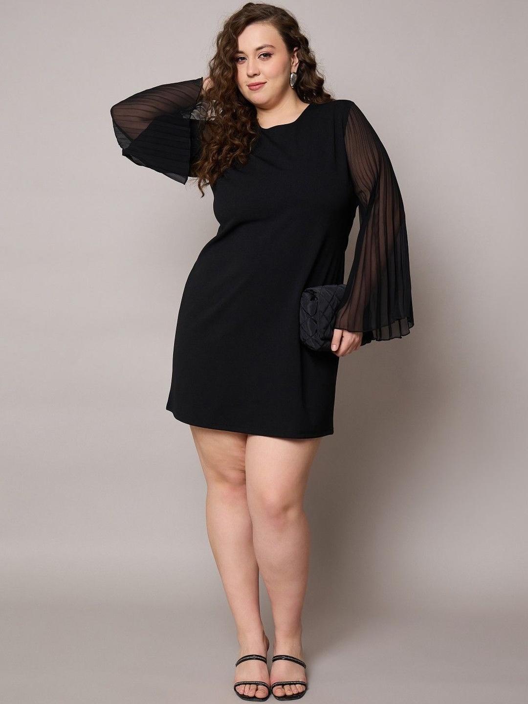 Buy SASSAFRAS Curve Women Plus Size Solid Bell Sleeve A Line MiNi Dress ...