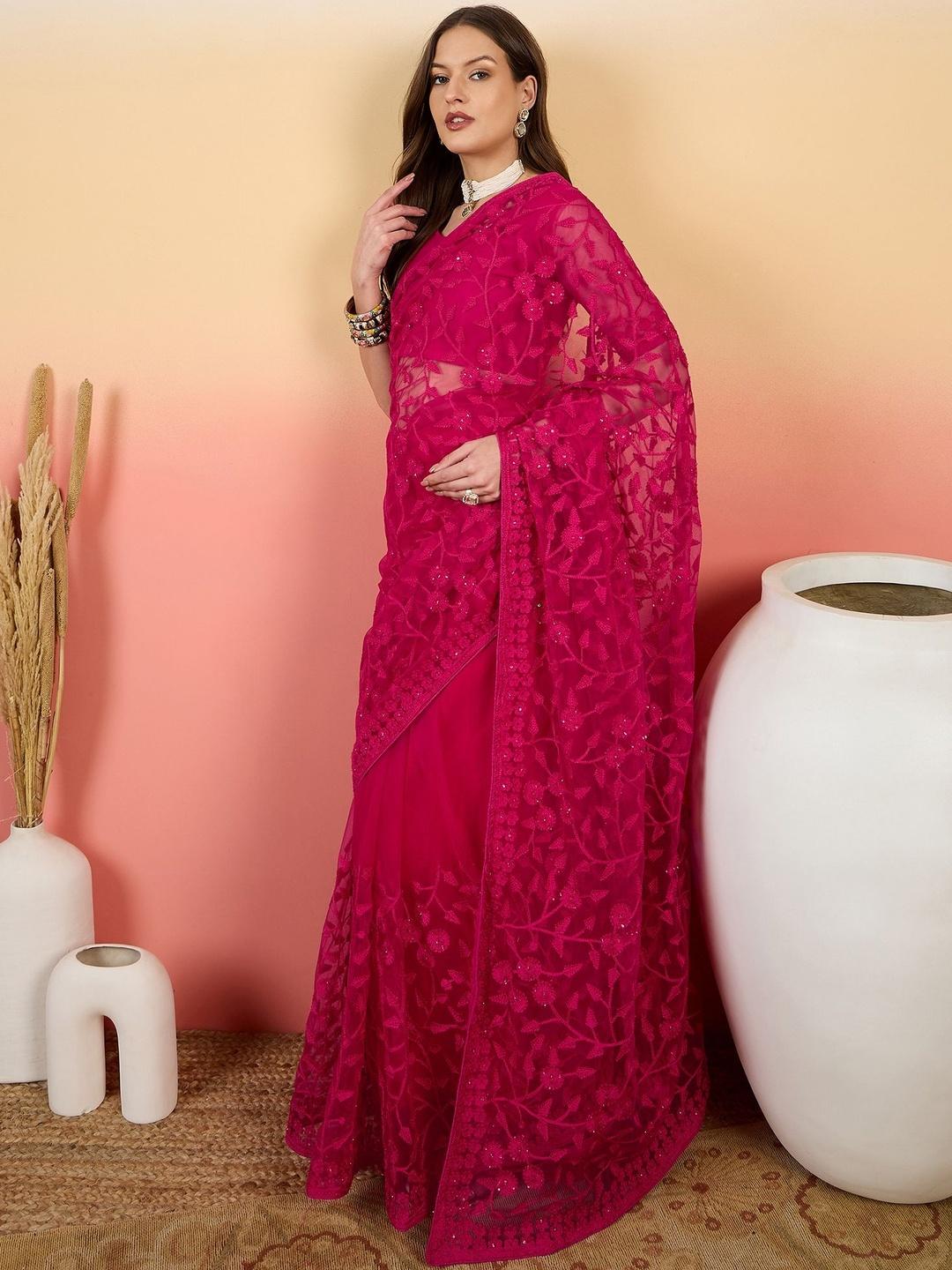 Buy Desi Fusion Floral Embroidered Sequinned Net Saree - Sarees for ...