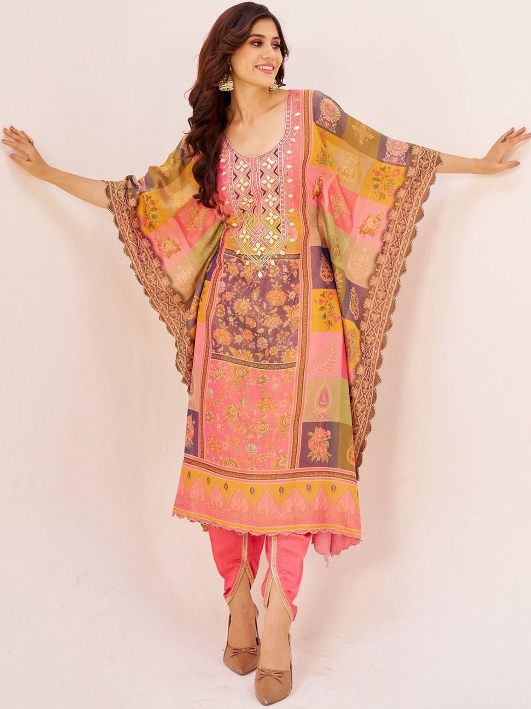 Buy IOLY Women Ethnic Motifs Printed Mirror Work Kaftan Kurta With ...