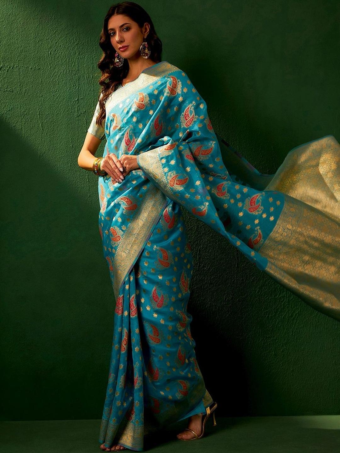 Buy Desi Fusion Paisley Woven Design Zari Heavy Work Saree With Blouse ...