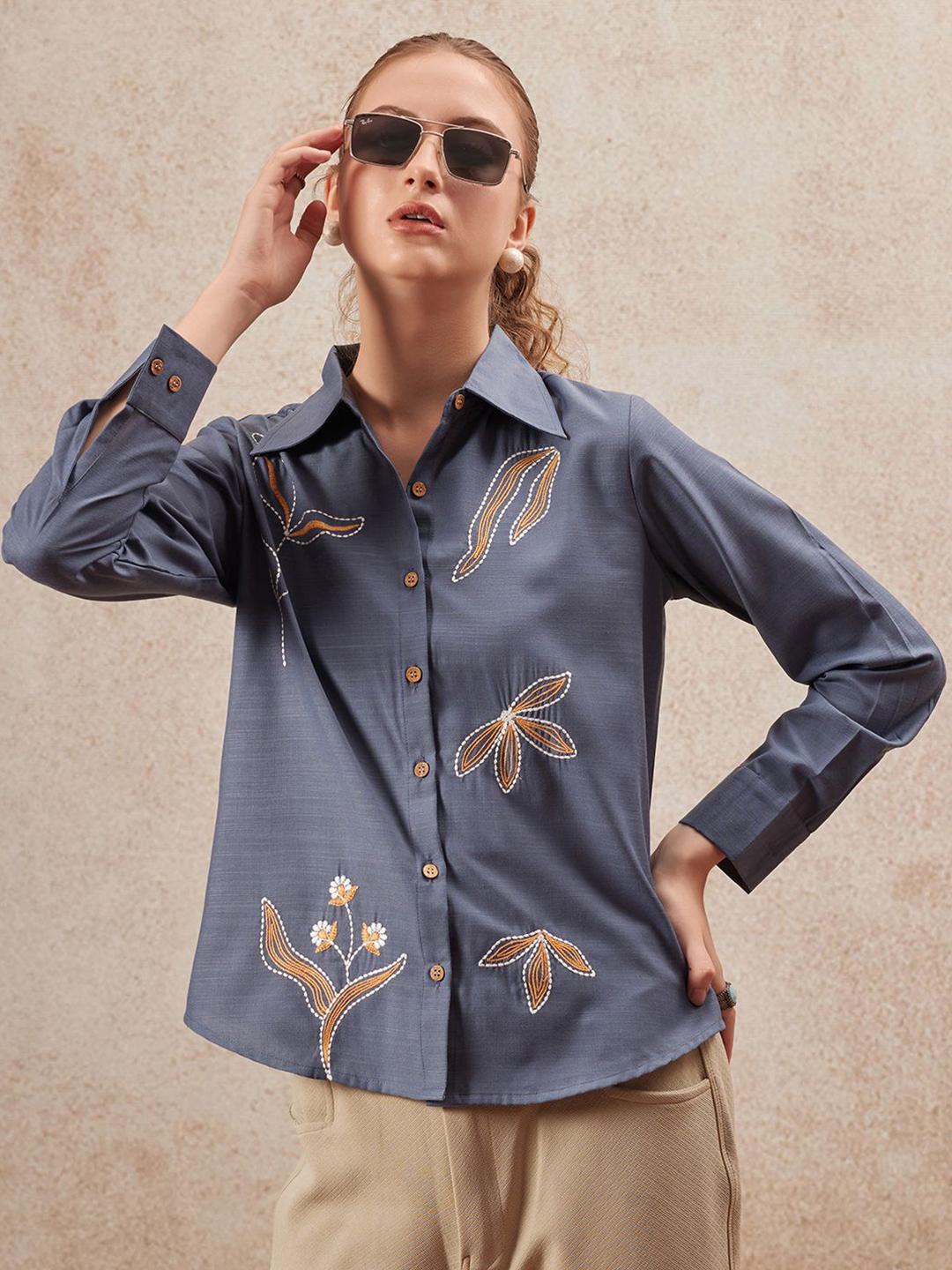 Buy FITHUB Women Floral Self Design Spread Collar Linen Casual Shirt ...