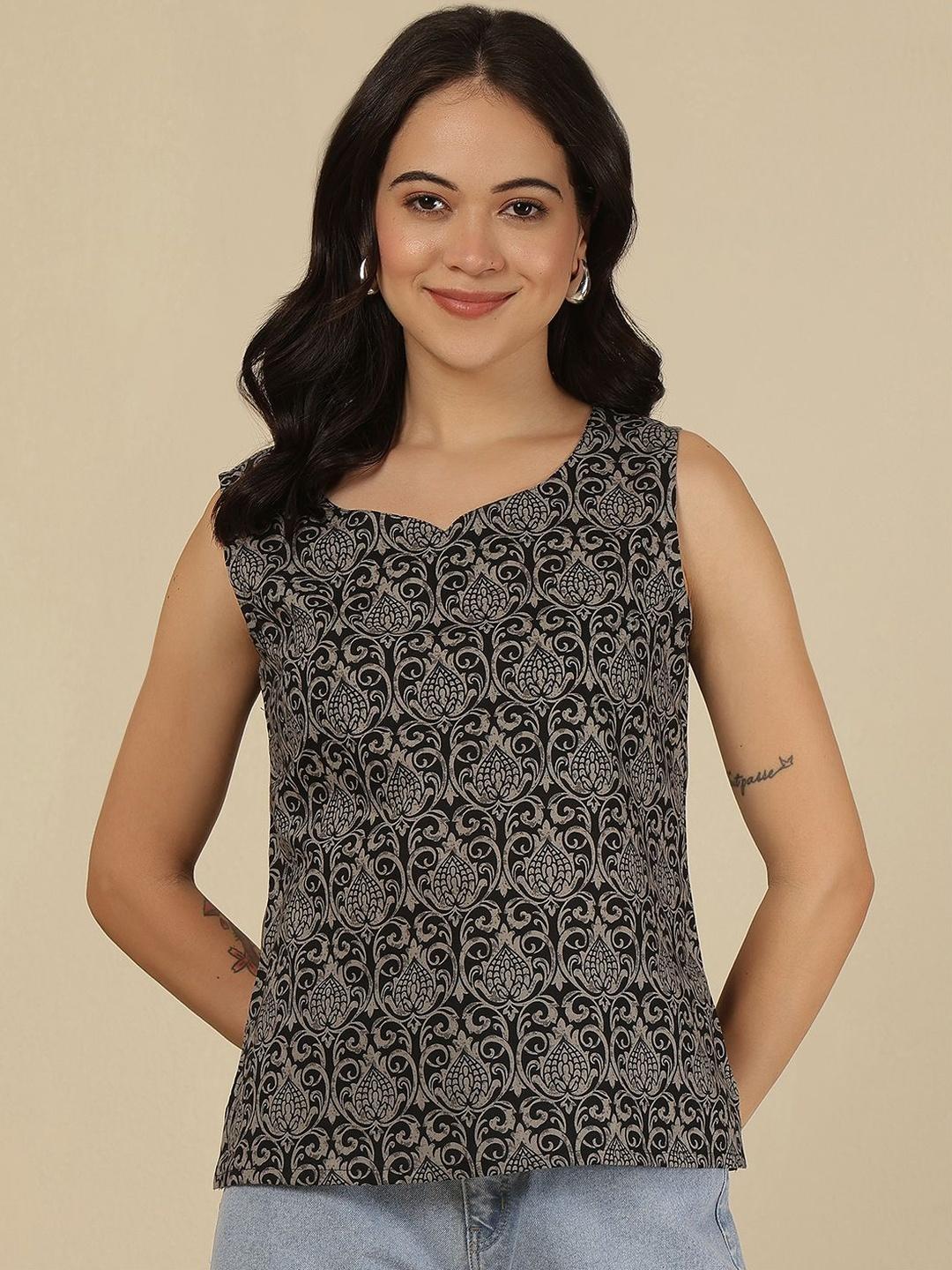 Buy SZN Black Ethnic Motifs Sweetheart Neck Sleeveless Top - Tops for ...