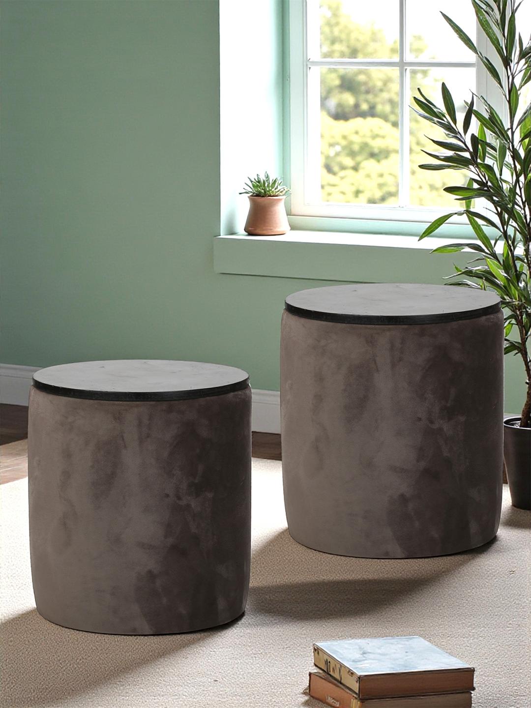 Buy Ikiriya Wayne Solid Wood Accent Round Set Of 2 Pouffees In Taupe ...