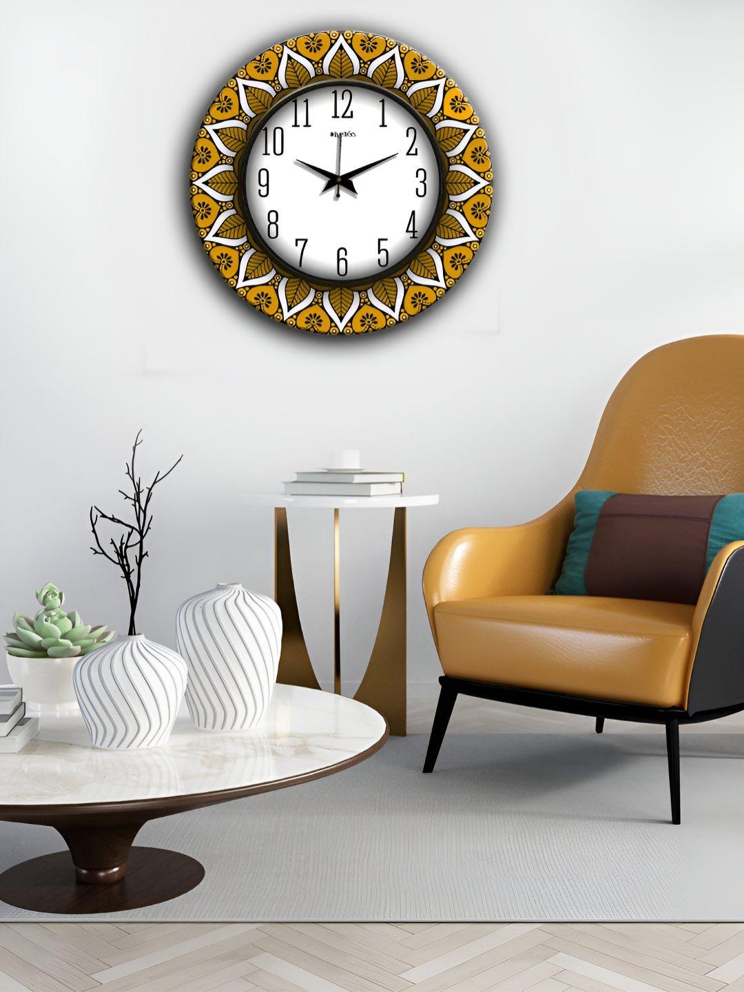 Buy OLIVE TREE Mustard & White Printed Wood Traditional Wall Clock ...