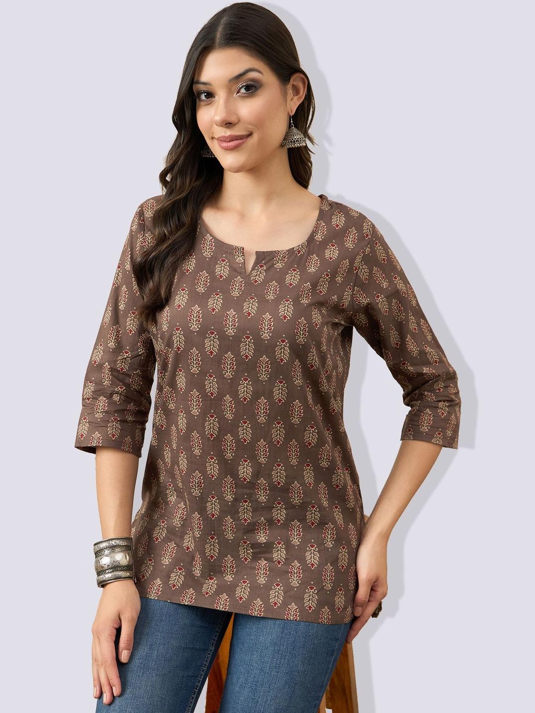 Buy VANSIRI Women Printed Keyhole Neck Ethnic Cotton Regular Top - Tops ...