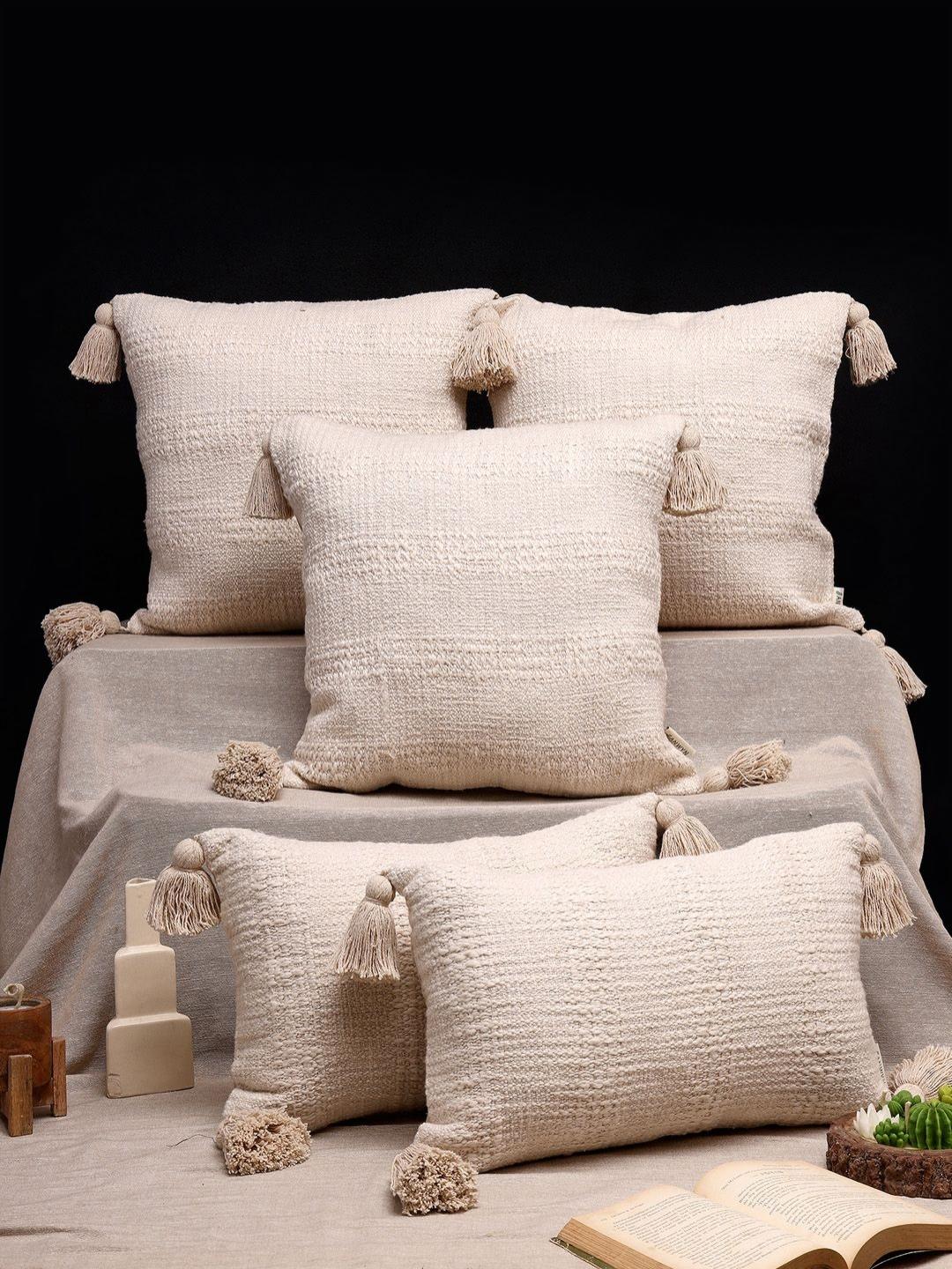 Buy ANWYN Cream 5 Pcs Self Design Textured Jacquard Square Tasselled ...