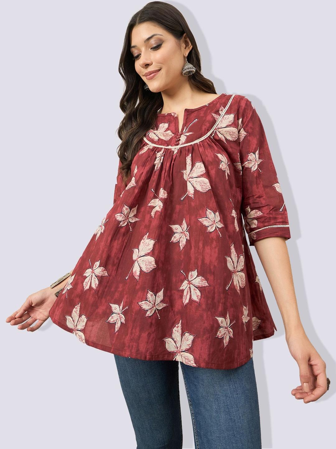 Buy VANSIRI Women Floral Printed Round Neck Empire Cotton Top - Tops ...